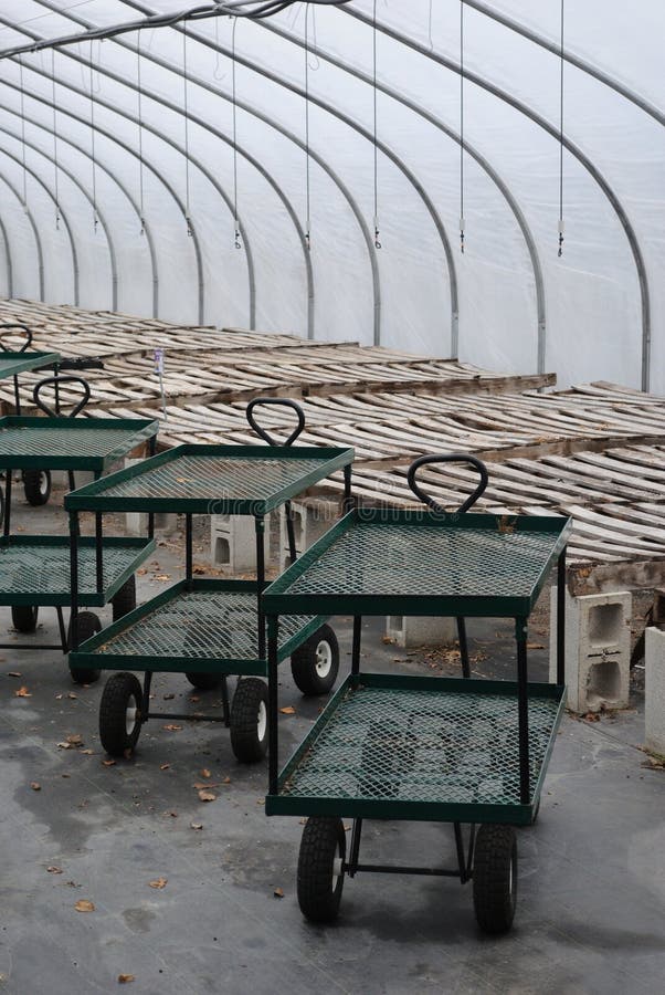 Greenhouse Irrigation and Carts Stock Photo - Image of emitter, drip ...