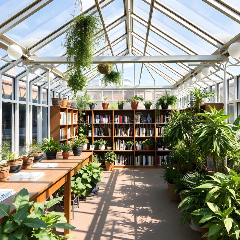 A Greenhouse with a Library and a Table with a Laptop on it Stock ...