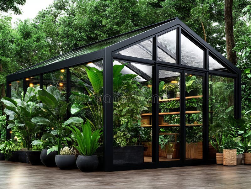 A Greenhouse with Plants Inside of it in a Garden Stock Photo - Image ...