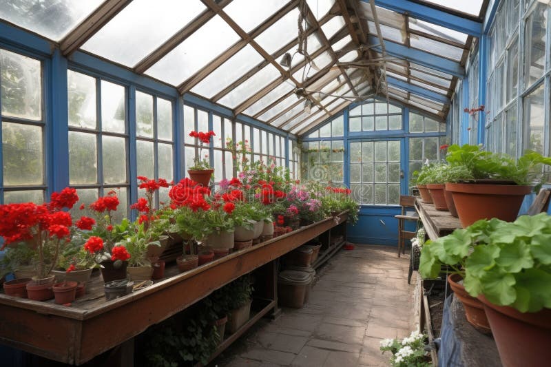 Greenhouse with Red Geraniums and Blue Pots Stock Illustration ...