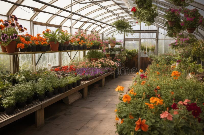 A Greenhouse with a Variety of Plants and Flowers, Blooming in Full ... A Greenhouse with a Variety of Plants and Flowers, Blooming in Full ...