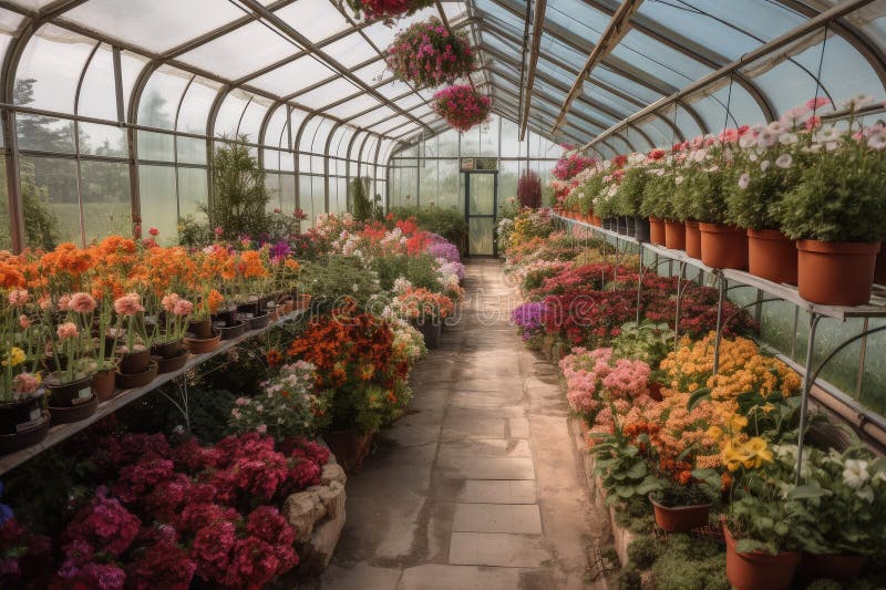 A Greenhouse with a Variety of Plants and Flowers, Blooming in Full ... A Greenhouse with a Variety of Plants and Flowers, Blooming in Full ...