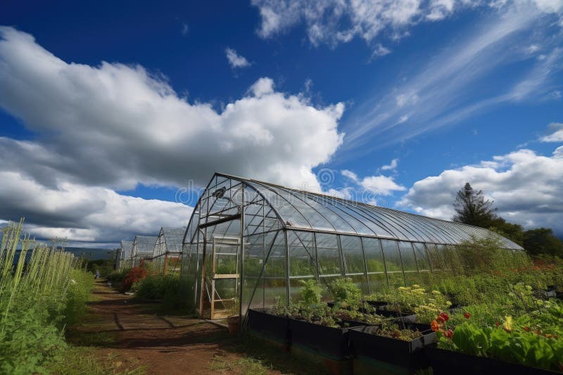 Greenhouse with View of Blue Sky and Clouds Stock Illustration ...