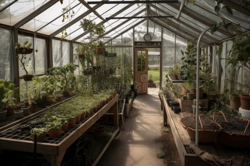 Greenhouse, with View of Hybrid Plants Thriving Stock Illustration ...