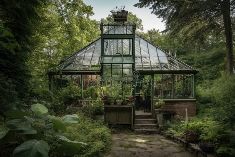 A Greenhouse with a View of a Lush, Green Forest Stock Illustration ...