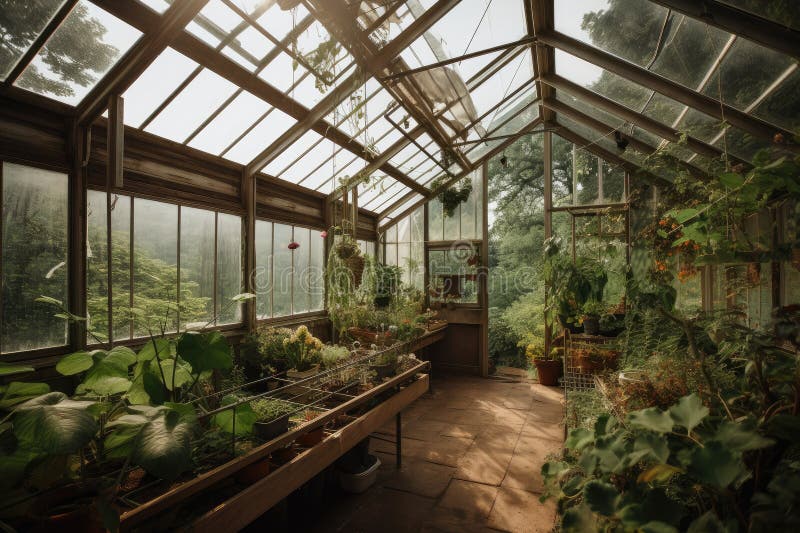 Greenhouse with View of the Surrounding Nature, Full of Greenery and ...