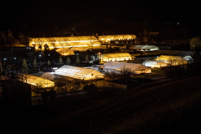 Greenhouses at night stock image. Image of dark, night - 11028123
