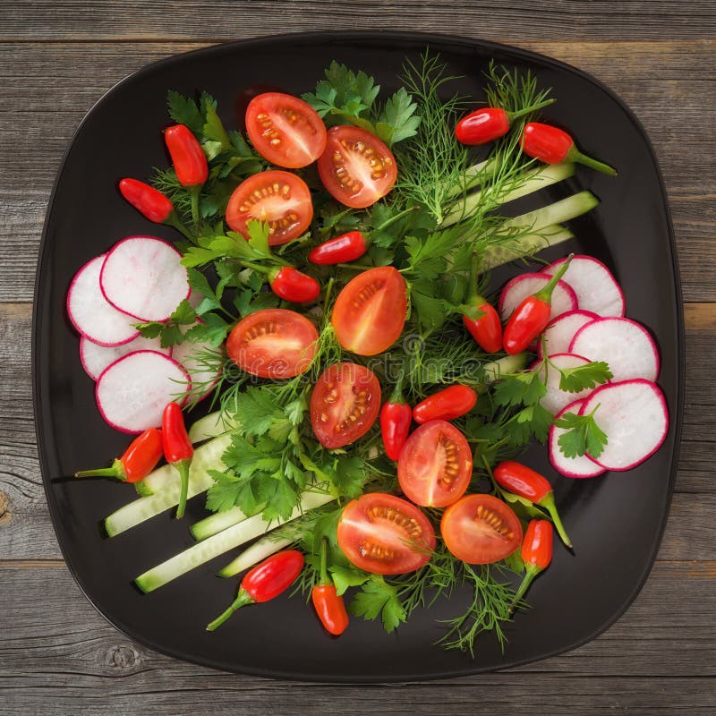 Greens and Vegetable Salad on a Black Plate in Style Rustic Stock Photo ...