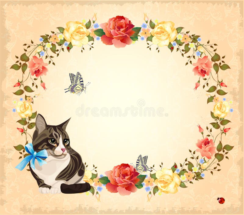 Greeting card with cat stock vector. Illustration of floral - 17087651