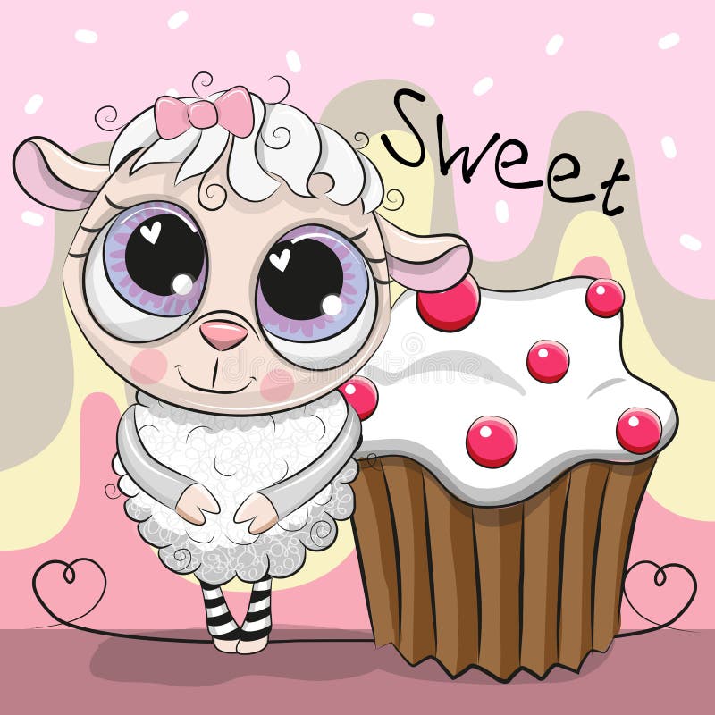 Greeting Card Cute Sheep with Cake Stock Vector - Illustration of cute ...