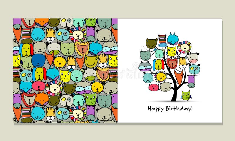Greeting Card Design, Funny Animals Tree Stock Vector - Illustration of ...