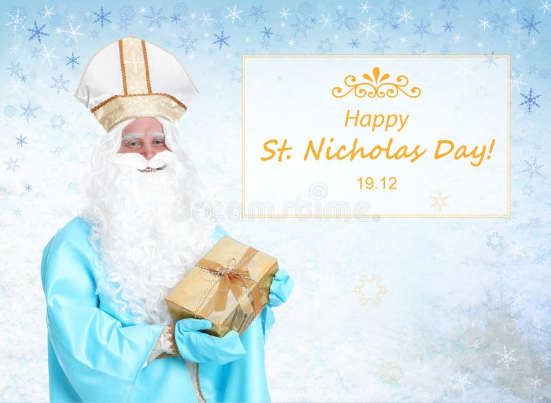 Greeting Card Design. Saint Nicholas with Present on Light Background ...