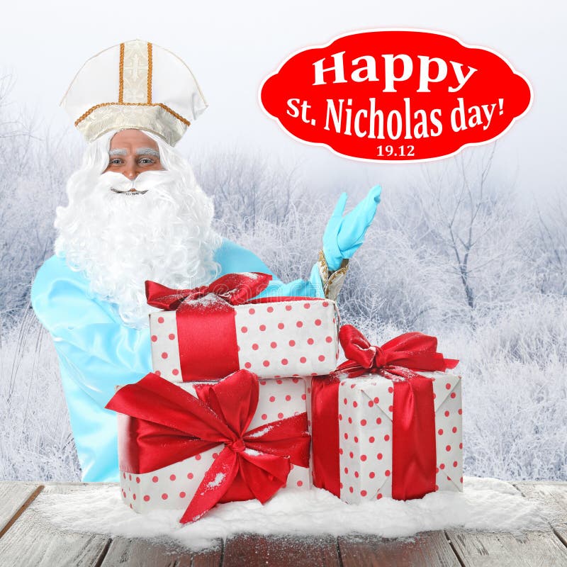 Greeting Card Design. Saint Nicholas with Presents Stock Photo - Image ...