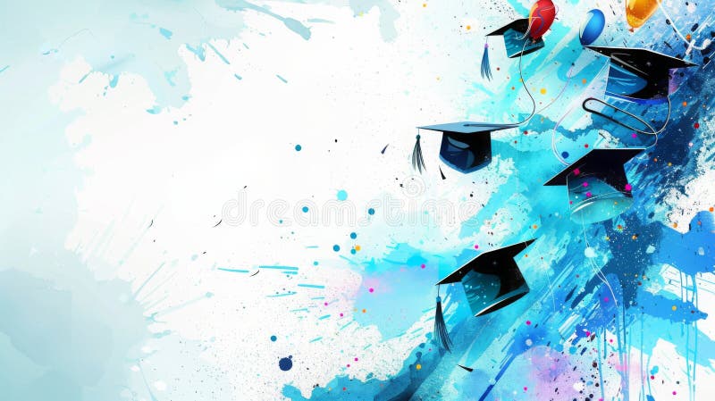 Greeting Card with Graduation Explosion in Blue and Flying Academic ...