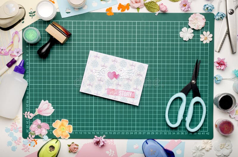 Greeting Card on Green Cutting Mat, Scrapbooking Tools and Materials ...