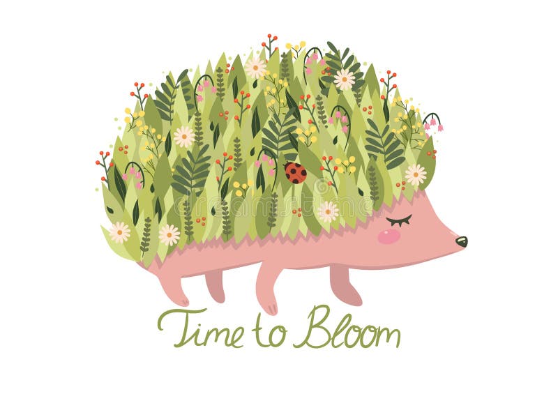 Greeting Card with a Hedgehog and the Inscription. Time To Bloom ...