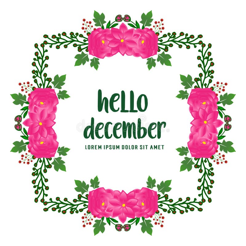 Greeting Card Hello December, with Drawing of Pink Rose Flower Frame ...