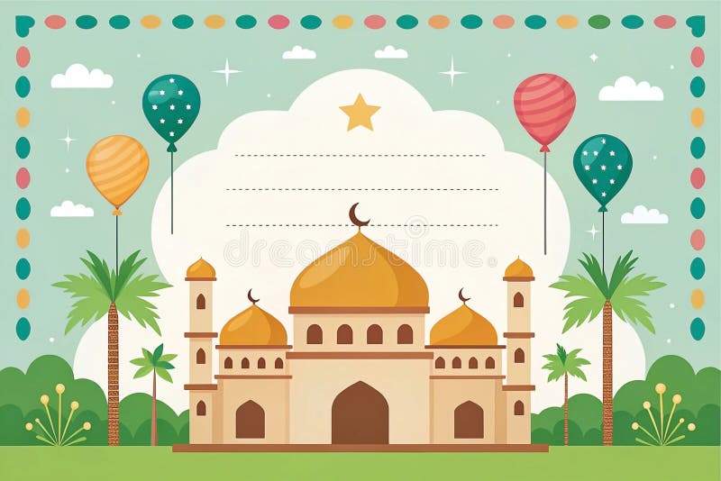 Greeting Card with Mosque, Balloons, and Clouds. Fun, Festive Design ...