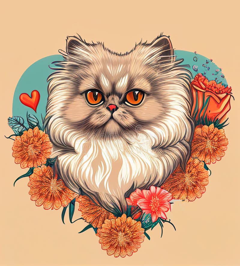 Greeting Card Persian Cat with Flowers. Stock Illustration ...