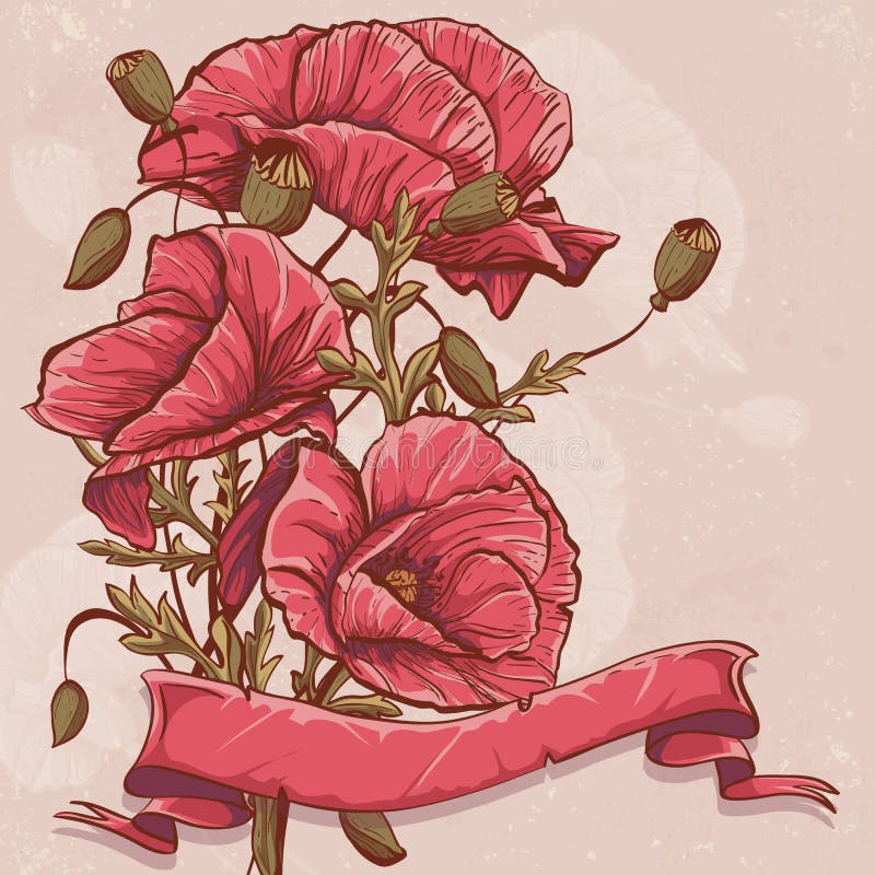 Greeting Card with Red Poppies and Ribbons Stock Vector - Illustration ...