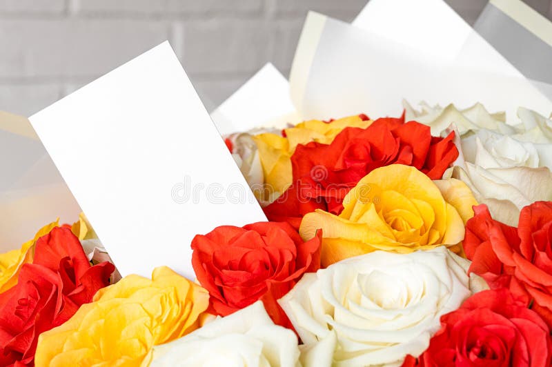 Greeting Card with Red, Yellow and White Roses in a Bouquet Stock Photo ...
