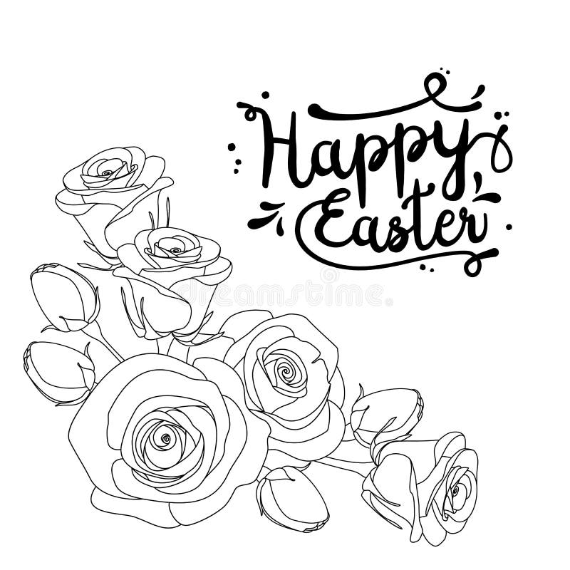 Greeting Card with Text Happy Easter and Roses, Colouring Page for ...
