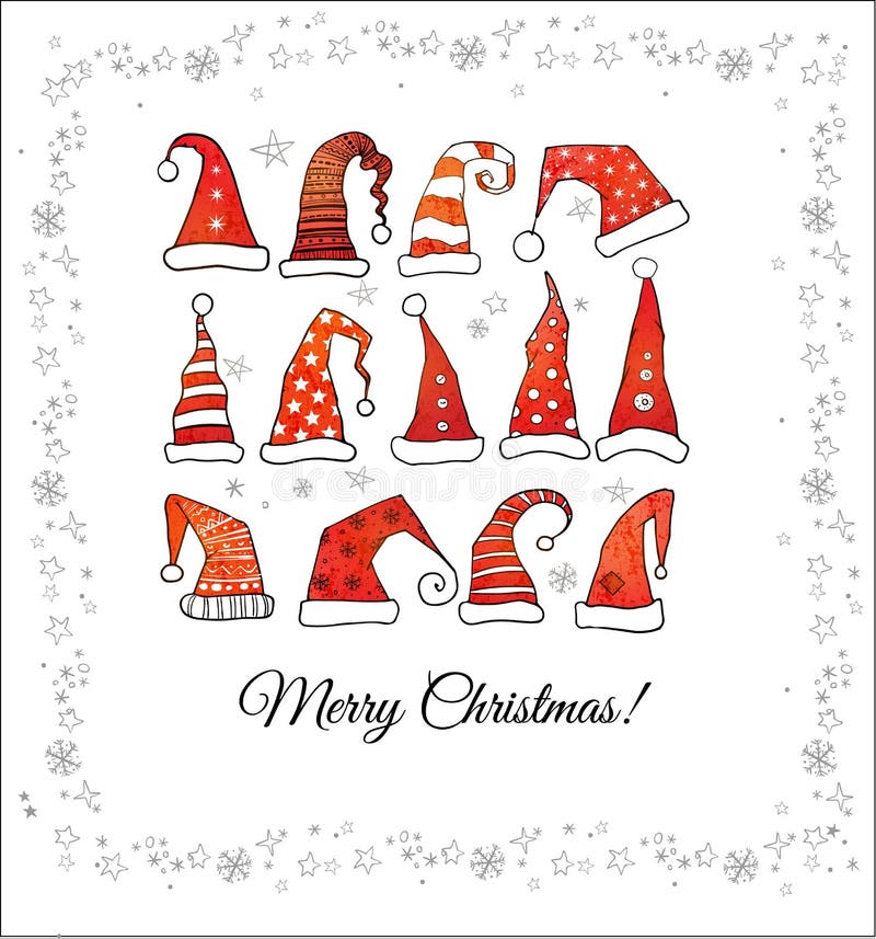 Greeting Christmas Card with Collection of Red Christmas Hats. V Stock ...