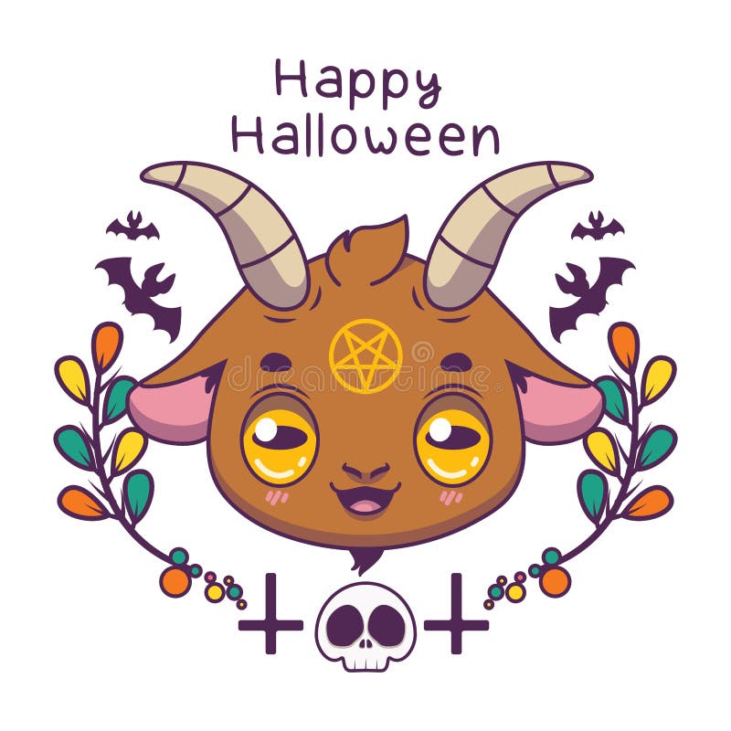 Greeting with Cute Evil Goat and Halloween Decorations Stock Vector ...