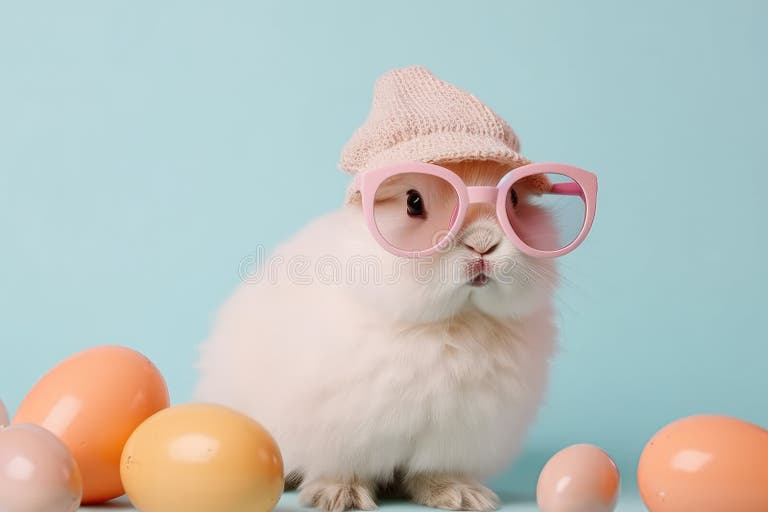 Greeting Easter Card with Cute Easter Bunny in Glasses and Colorful ...