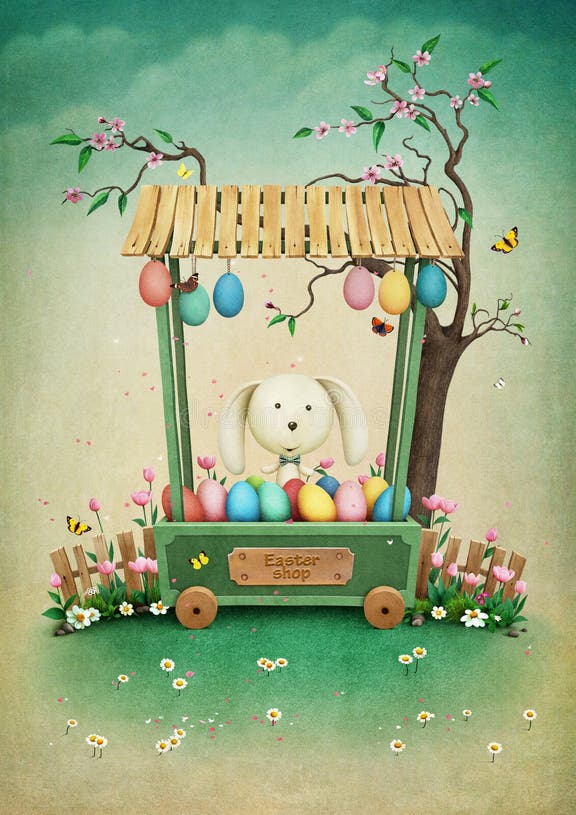 Greeting Easter Card with Showcase with Eggs and Bunny Stock ...