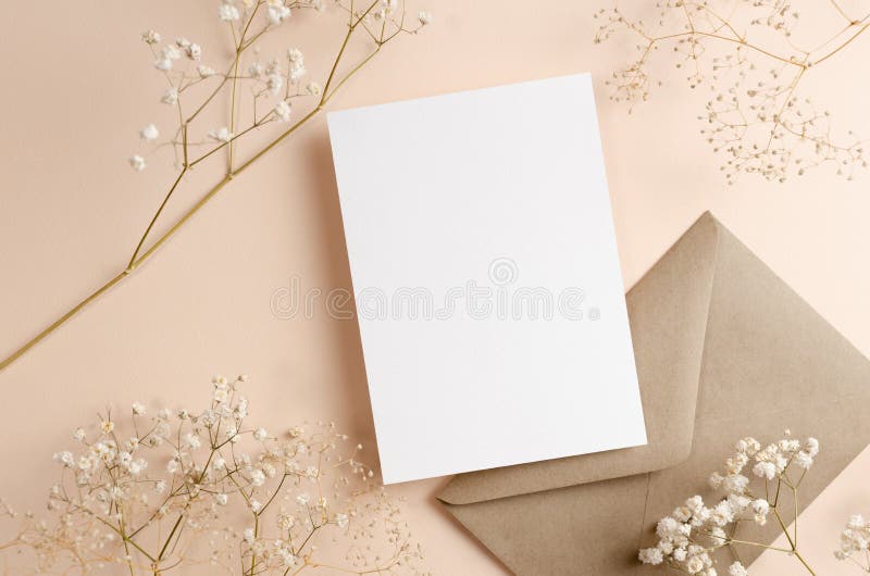 Greeting or Invitation Card Mockup with Envelope and Dry Flowers Decor ...