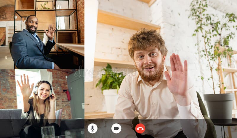 Greeting Partners, Colleagues. Team Working by Group Video Call Share ...