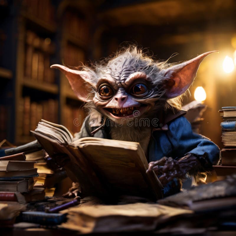 Gremlin Reading an Old Book in a Dimly Lit Library Stock Photo - Image ...