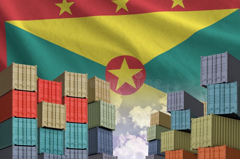 Grenada Flag Big Stack Shipping Cargo Containers Docks Sky Background ...