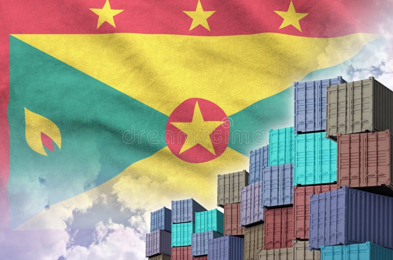 Grenada Flag Big Stack Shipping Cargo Containers Docks Sky Background ...