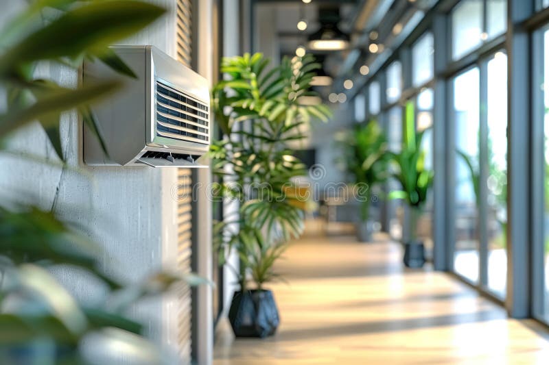 Grey Air Conditioner on Wall in Hallway of Business Office with Potted ...
