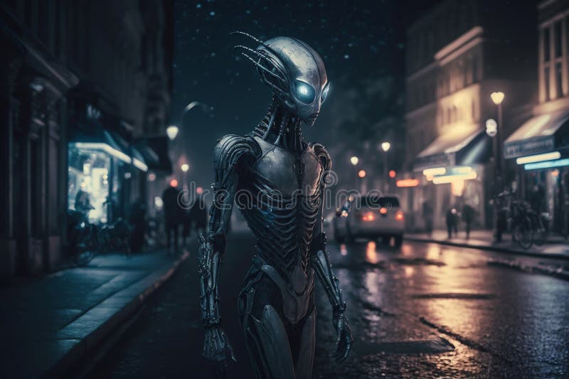 Grey Alien from Deep Space on City Street, Extraterrestrial Humanoid on ...