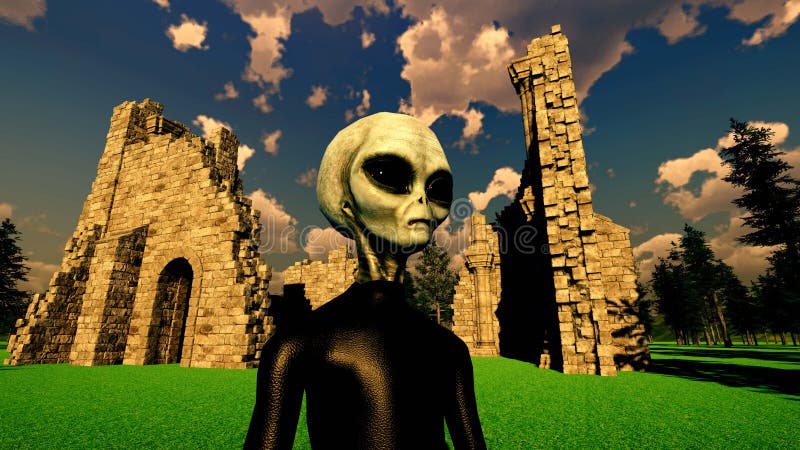 Grey Alien in Forest with Ruins in Backgroud. Extremely Detailed and ...