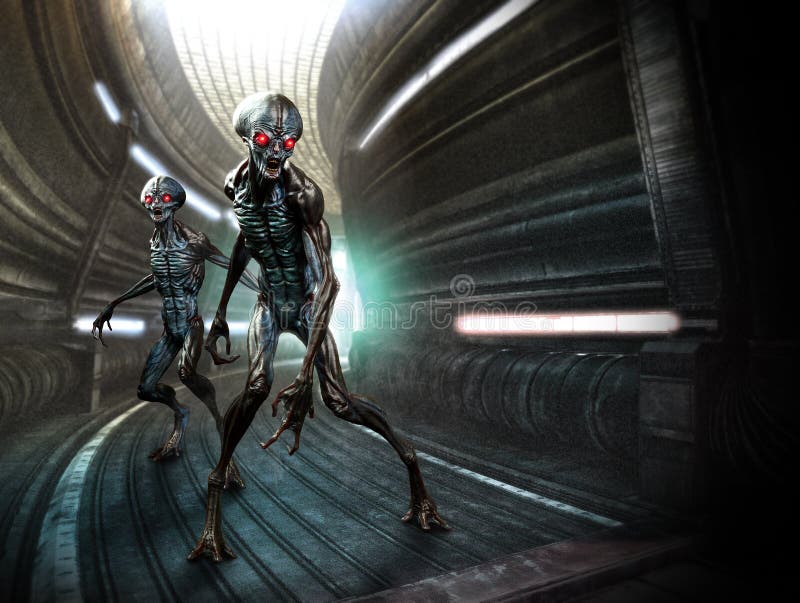 Grey Aliens Scene 3D Illustration Stock Illustration - Illustration of ...