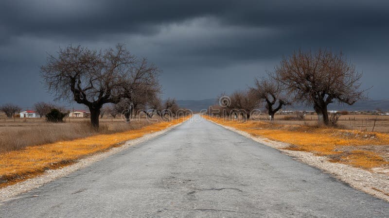 Grey Asphalt Road through Autumnal Landscape Under Dark Clouds Stock ...