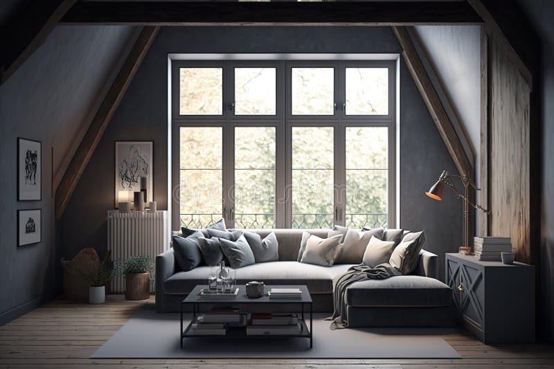 Grey Attic Living Room Interior with Sofa Stock Illustration ...
