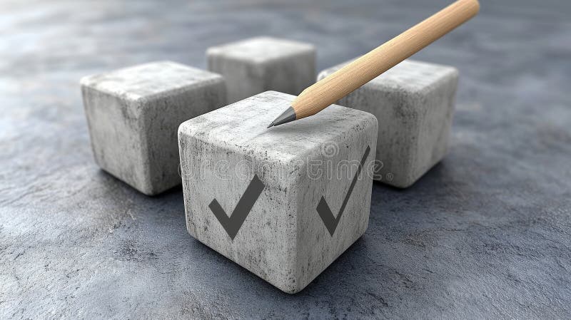 Grey Background Featuring Stone Cubes with Checkmarks, Pens, and a ...