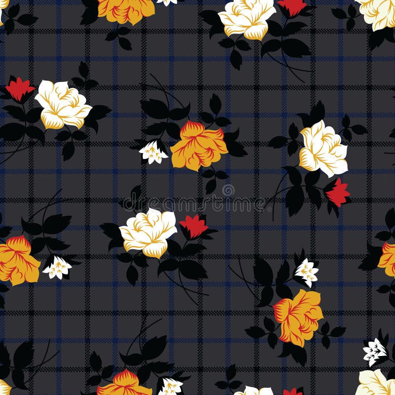 Flower and Check Seamless Pattern on Grey Background Stock Vector ...