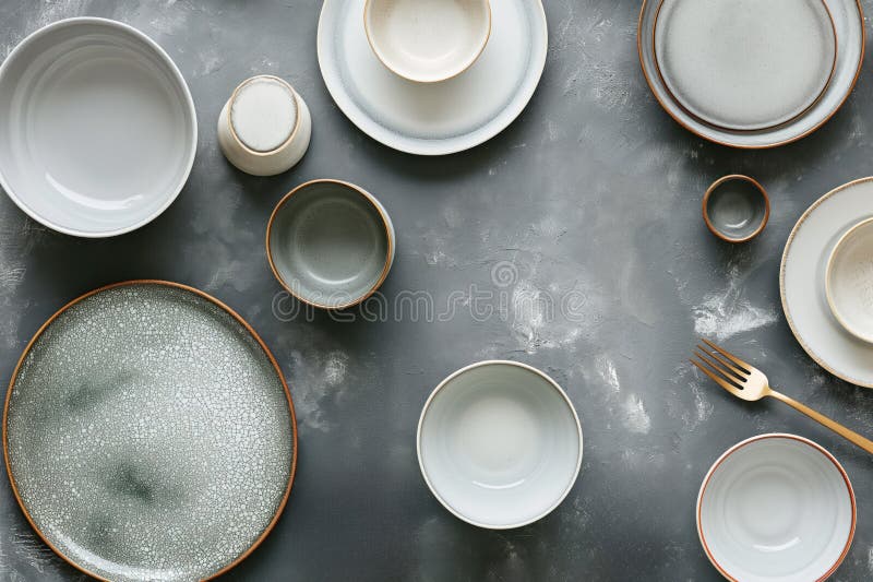 Grey Background with Various Ceramic Tableware Pieces. Ceramic Bowls ...
