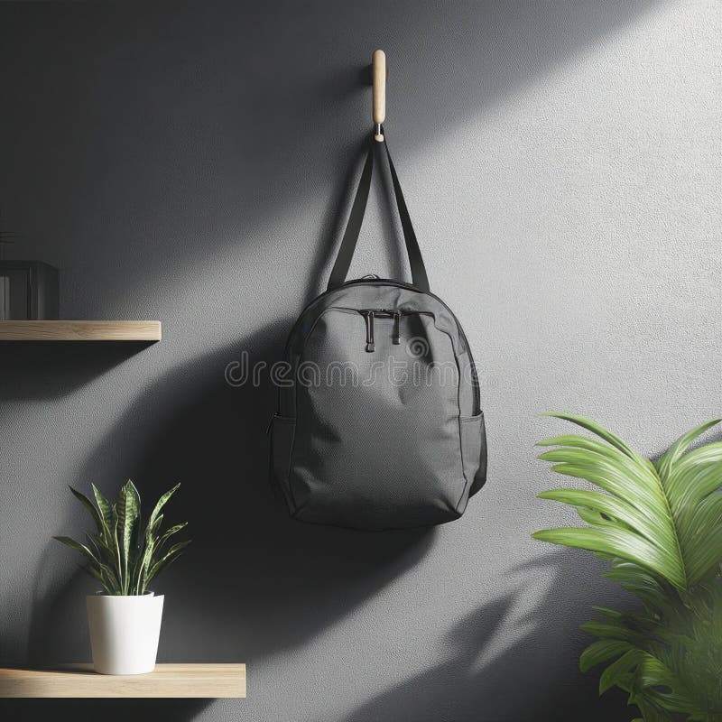 Grey Backpack Hanging on Wall Hook in Minimalist Room Stock ...