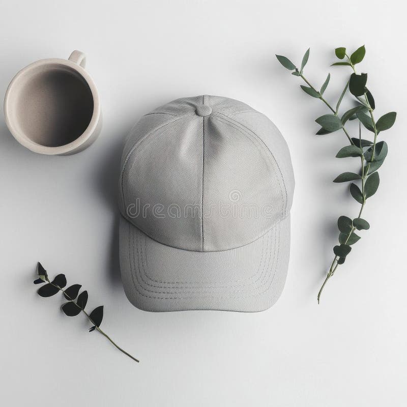Grey Baseball Cap Mockup with Greenery Stock Illustration ...