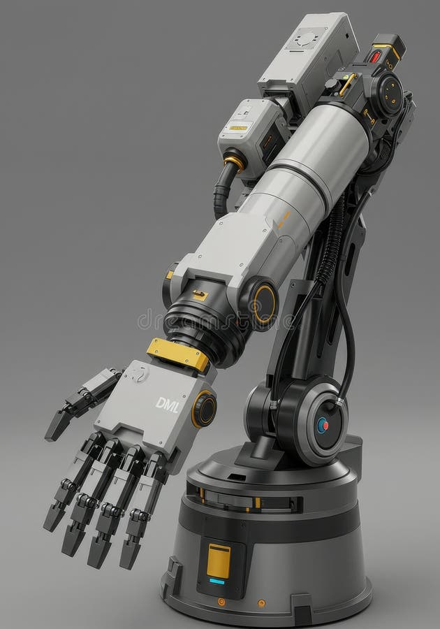Grey and Black Robotic Arm with Yellow Accents on Grey Background Stock ...