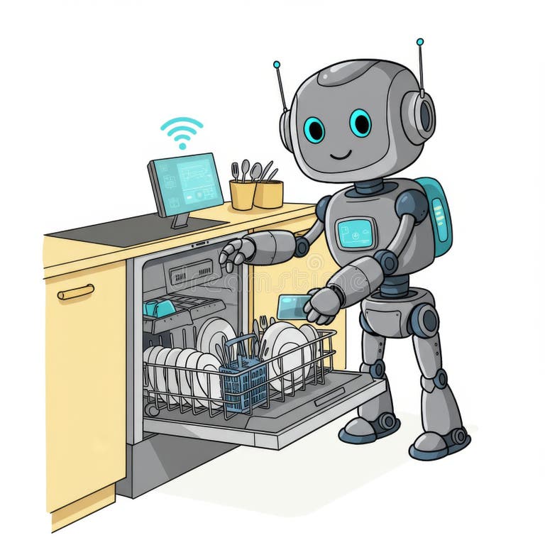 Grey and Blue Cartoon Robot Loading Dishwasher in Kitchen Stock ...