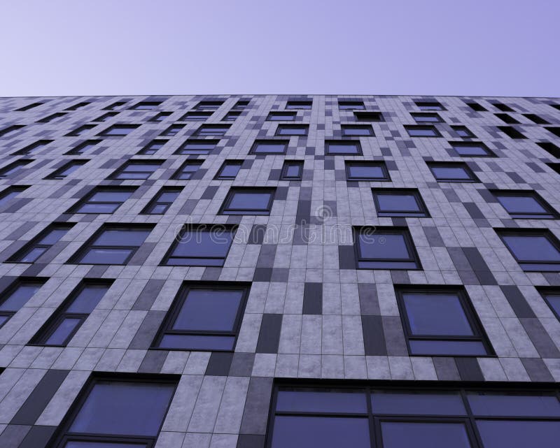Grey Building with Windows, View from Below, Blue Sky. Graphically ...
