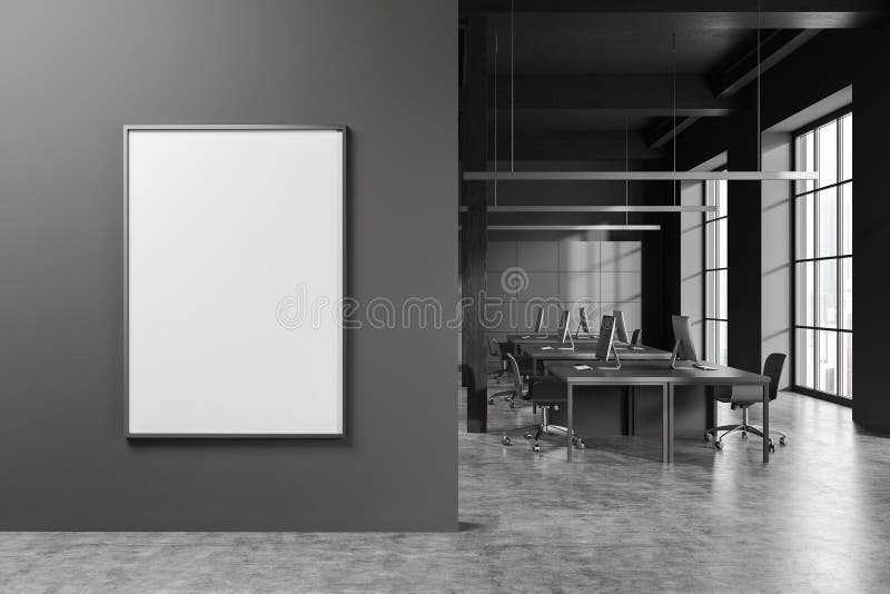 Grey Business Interior with Computers and Panoramic Window. Mockup ...